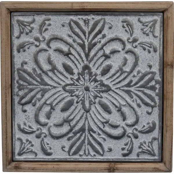 FORESIDE HOME AND GARDEN Whitewashed Tin Tile With Wood Frame Wall Decor