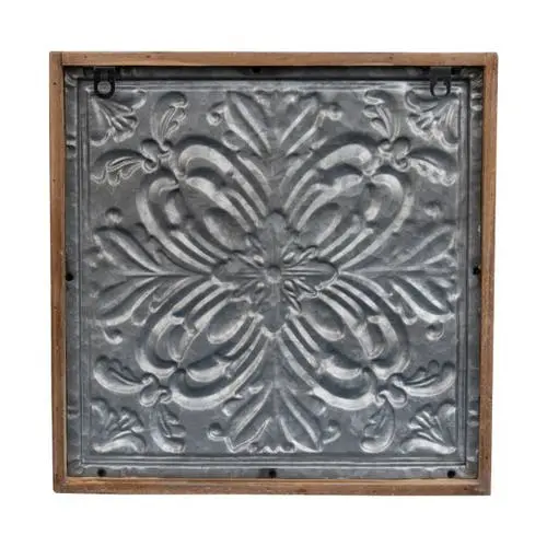 FORESIDE HOME AND GARDEN Whitewashed Tin Tile With Wood Frame Wall Decor