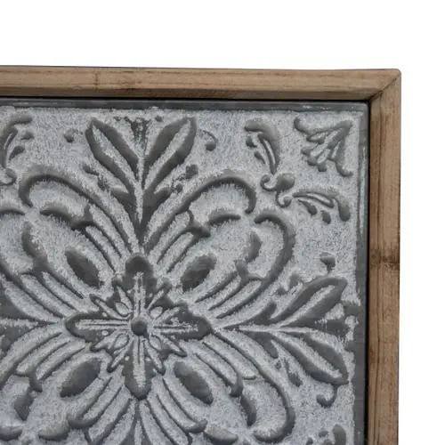 FORESIDE HOME AND GARDEN Whitewashed Tin Tile With Wood Frame Wall Decor