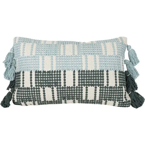 FORESIDE HOME AND GARDEN Hand Woven Tasseled Lumbar Pillow Turquoise Cotton With Polyester Fill - Blue