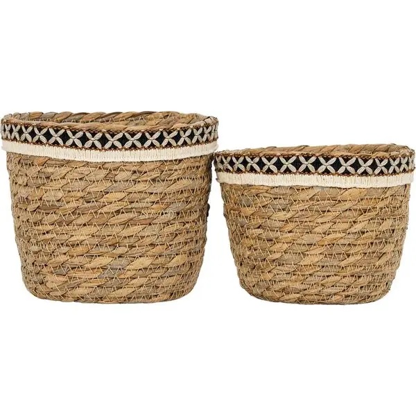 FORESIDE HOME AND GARDEN Set Of 2 Embroidered Rim Baskets Natural Seagrass & Jute - Brown