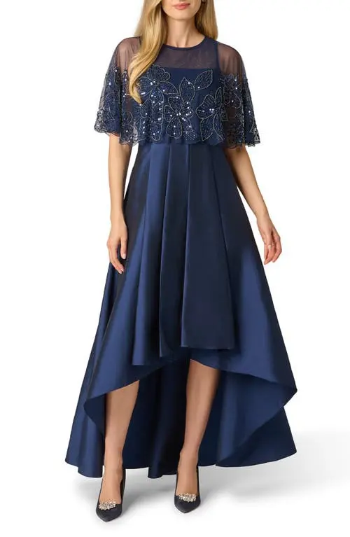 Adrianna Papell Beaded Cape Taffeta Gown - Light Navy