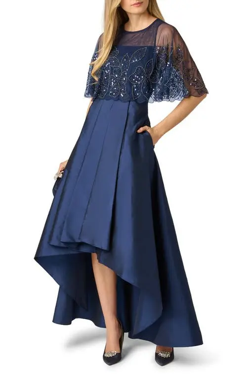 Adrianna Papell Beaded Cape Taffeta Gown