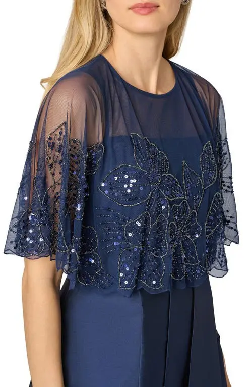 Adrianna Papell Beaded Cape Taffeta Gown