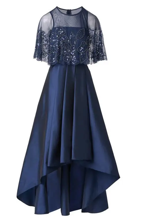 Adrianna Papell Beaded Cape Taffeta Gown