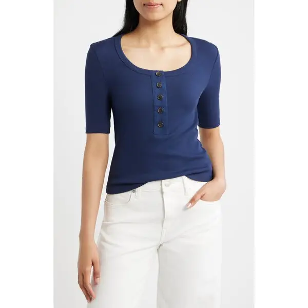 MAVI Scoop Neck Henley Tee - Black Iris