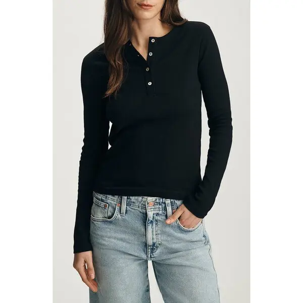 MAVI Stretch Cotton Rib Henley - Black