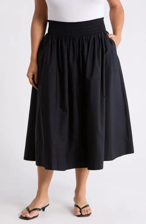Nordstrom Smocked Waist Pleated Midi Skirt - Black