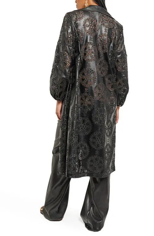 Misook Eyelet Open Front Faux Leather Longline Jacket