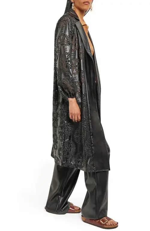 Misook Eyelet Open Front Faux Leather Longline Jacket