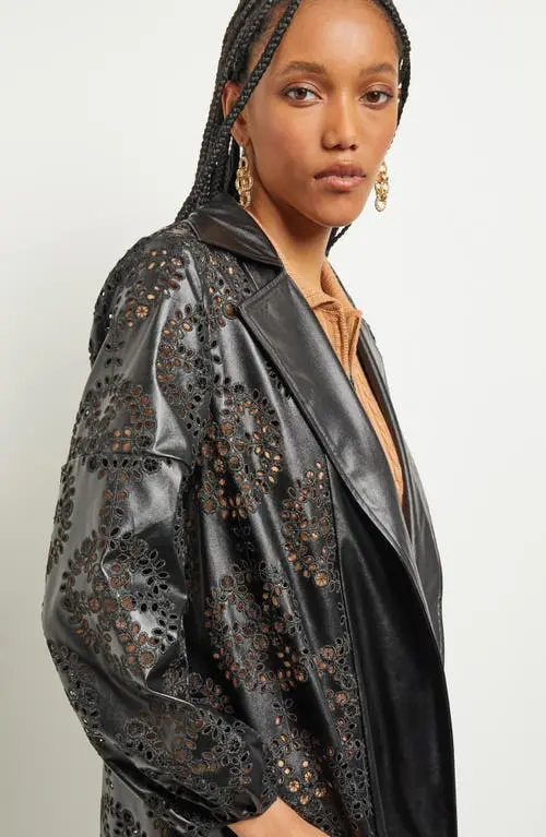 Misook Eyelet Open Front Faux Leather Longline Jacket