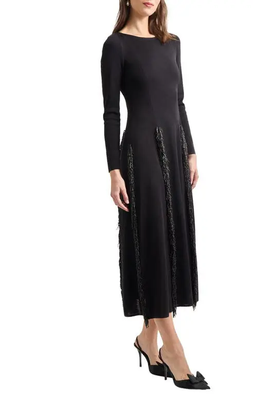 Misook Long Sleeve Sequin Fringe Fit & Flare Dress