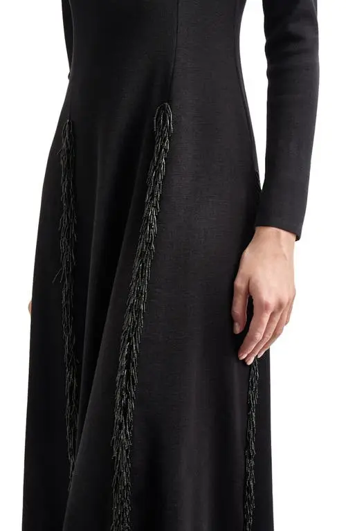 Misook Long Sleeve Sequin Fringe Fit & Flare Dress