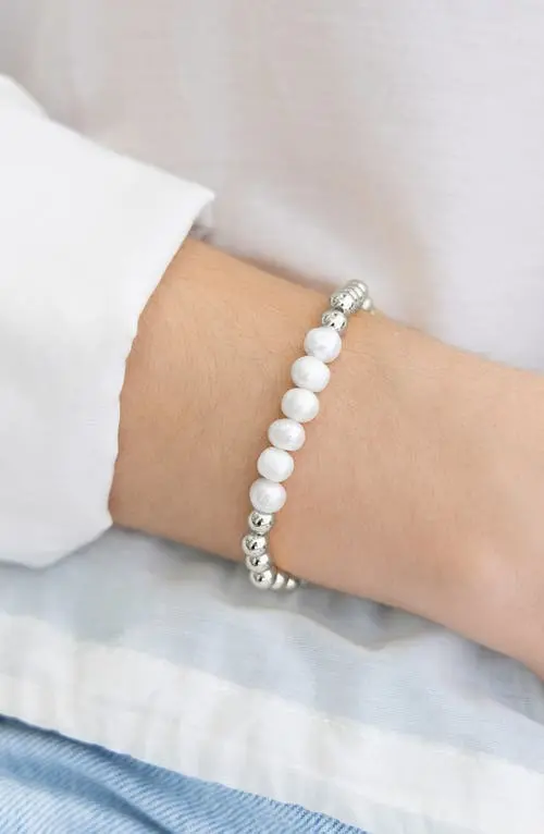 MARLYN SCHIFF Millie Faux Pearl & Bead Stretch Bracelet - Silver