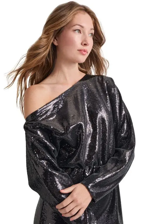 Misook Sequin One-shoulder Long Sleeve Dress