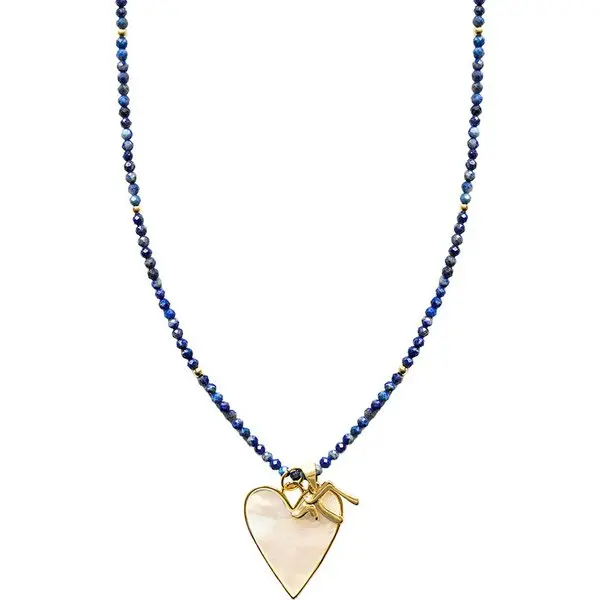 MARLYN SCHIFF Sylvie Heart & Chai Charm Pendant Necklace - Gold Lapis