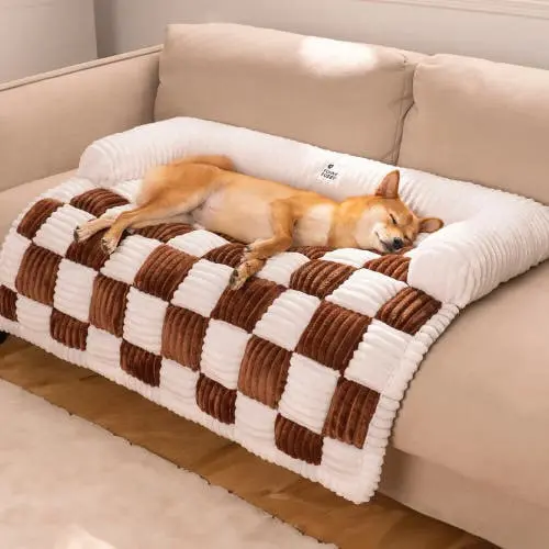 FUNNYFUZZY Cream Square Plaid Cozy Dog Mat Furniture Protector Cover