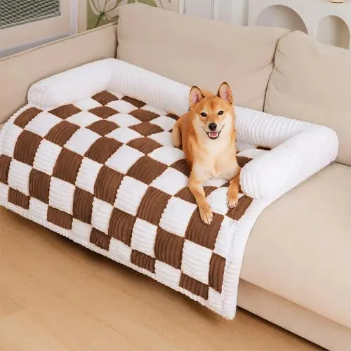 FUNNYFUZZY Cream Square Plaid Cozy Dog Mat Furniture Protector Cover