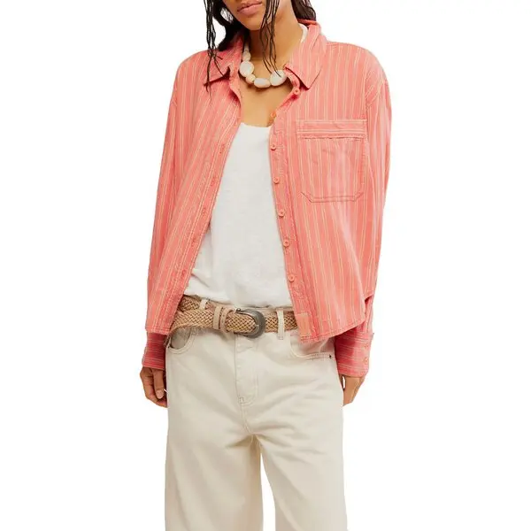 Free People Laurel Linen Blend Button-up Shirt - Cinnamon Combo