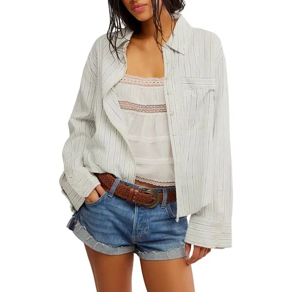 Free People Laurel Linen Blend Button-up Shirt - Ivory Combo