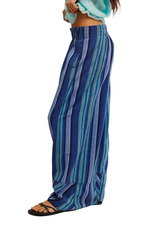 Free People Striped Wide Leg Linen Blend Pants - Navy Combo