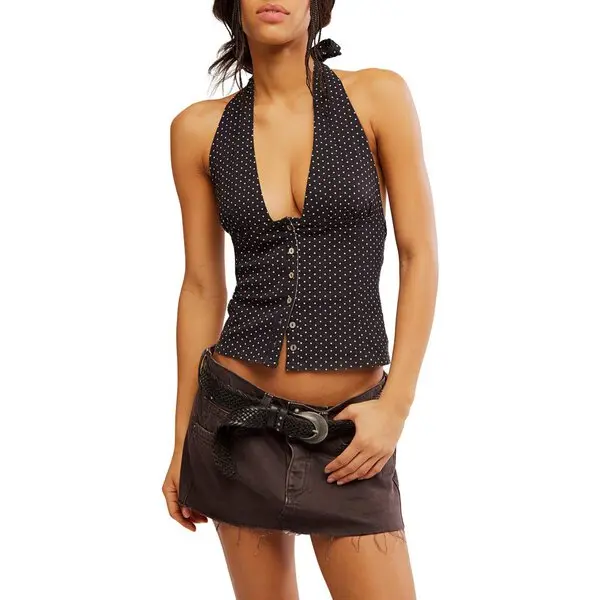 Free People Ramona Halter Crop Top In Polka Dot