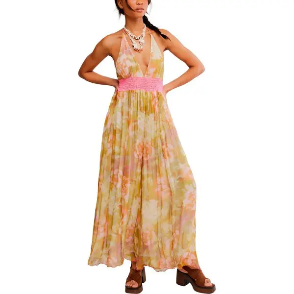 Free People Haze Print Wide Leg Halter Jumpsuit - Blush Meadow Combo