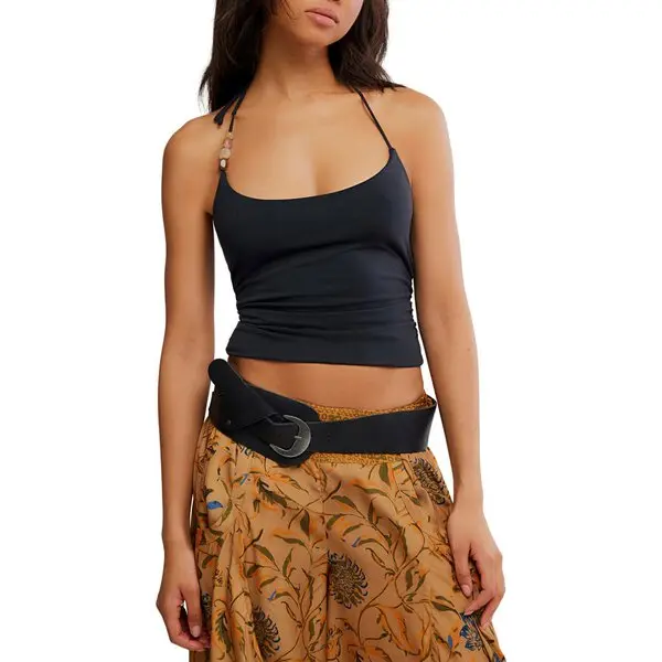 Free People Toni Beaded Ruched Halter Top - Black