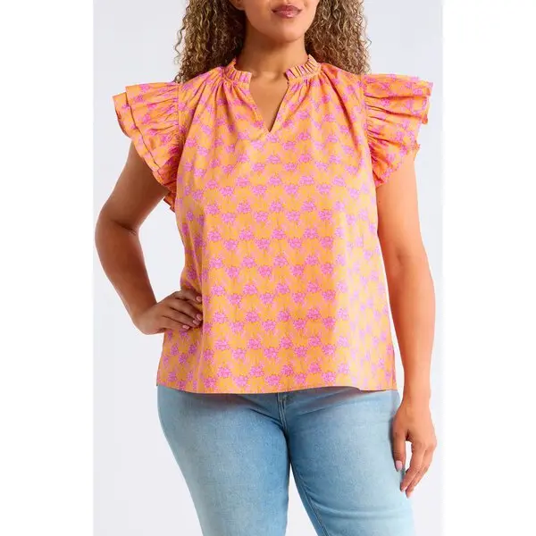 SUGARLIPS Risette Floral Tiered Ruffle Sleeve Top - Orange-pinks-multi