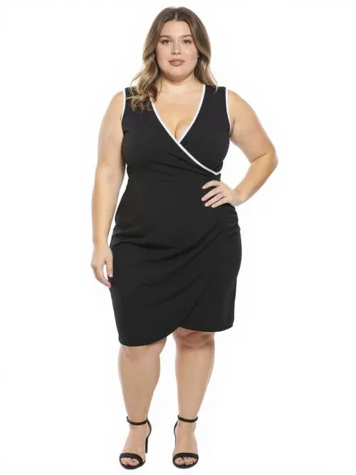 24SEVEN COMFORT APPAREL Sleeveless Faux Wrap Midi Dress With Tulip Hem - Black