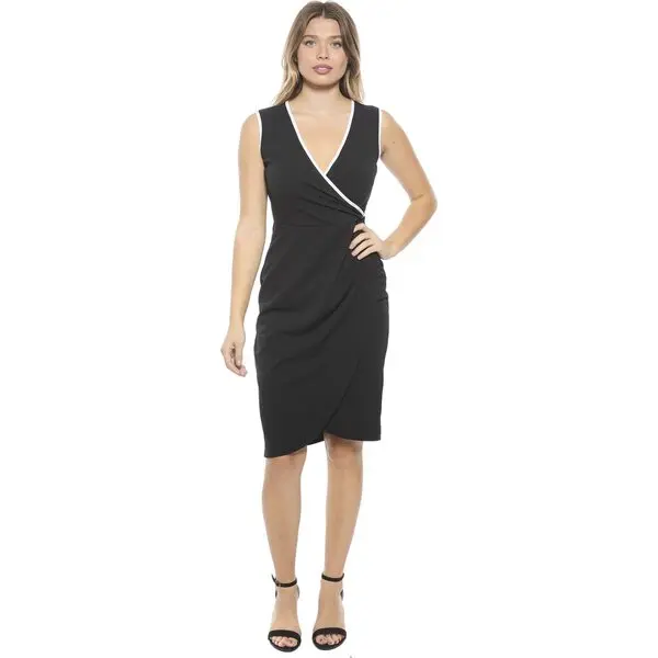 24SEVEN COMFORT APPAREL Sleeveless Faux Wrap V-neck Midi Dress - Black