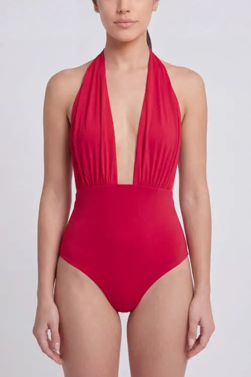 NUAJE NUAJE Rosalie Ruched Plunge One-piece Swimsuit - Cherry