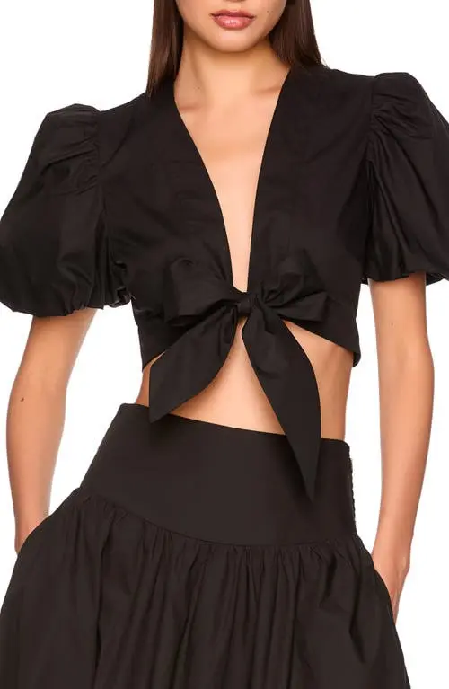 Susana Monaco Bubble Sleeve Tie Front Cotton Poplin Top - Black