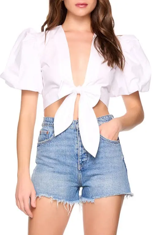 Susana Monaco Bubble Sleeve Tie Front Cotton Poplin Top - Sugar