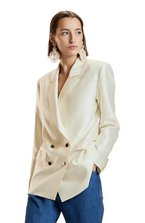 Cynthia Rowley Silk Wool Double Breasted Blazer - White