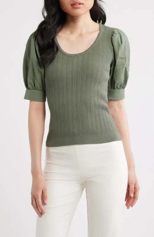 Elie Tahari Kaeta Mixed Media Puff Sleeve Sweater - Dusty Sage