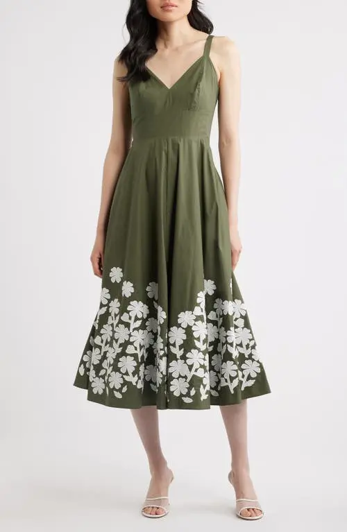 Elie Tahari The Victoria Floral Appliqué Cotton Dress - Dark Sage/sky White