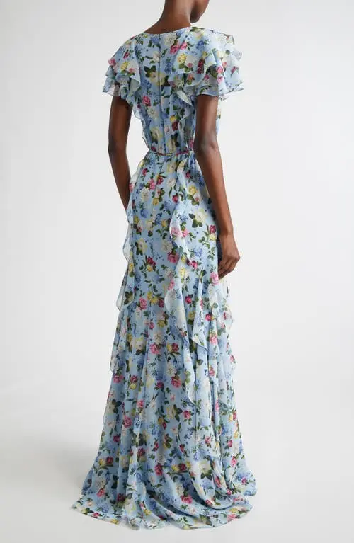 Carolina Herrera Floral Ruffle Silk Chiffon Gown - Cloudy Blue Multi