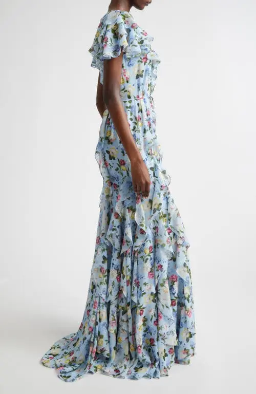 Carolina Herrera Floral Ruffle Silk Chiffon Gown - Cloudy Blue Multi