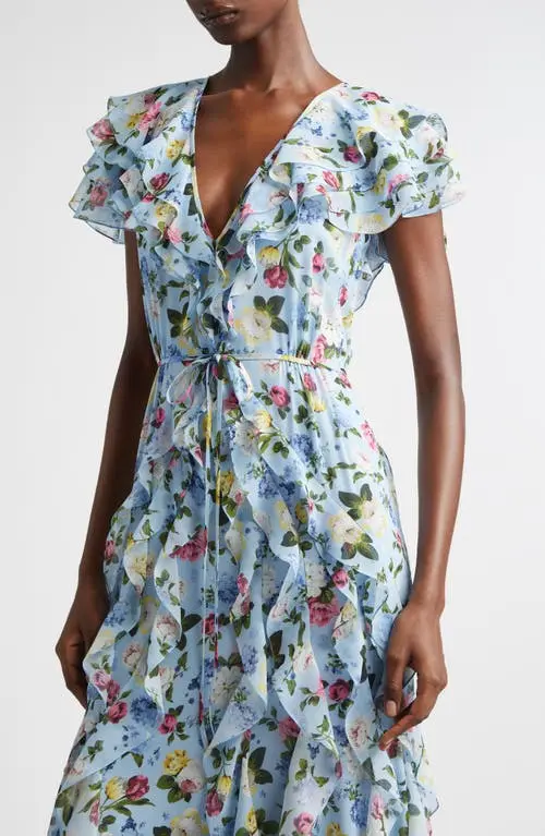 Carolina Herrera Floral Ruffle Silk Chiffon Gown - Cloudy Blue Multi