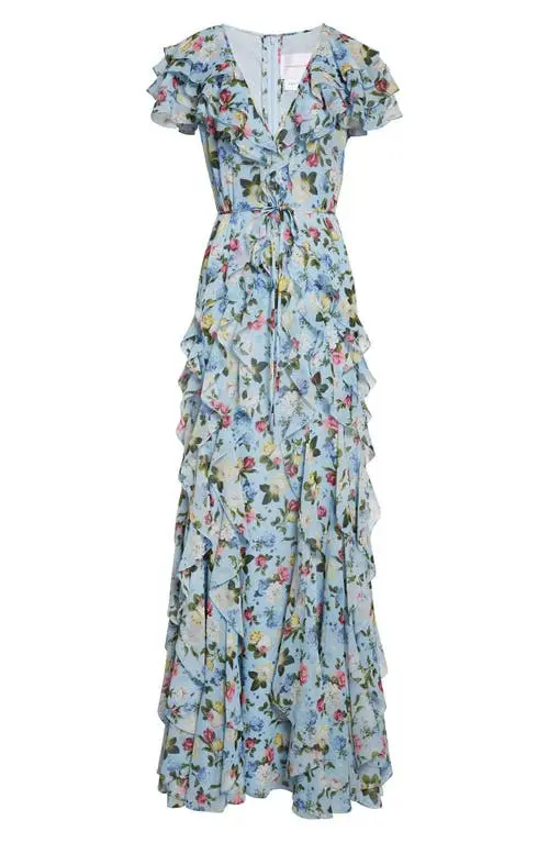 Carolina Herrera Floral Ruffle Silk Chiffon Gown - Cloudy Blue Multi