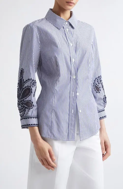 Carolina Herrera Embroidered Stripe Cotton Button-up Shirt - White/blue