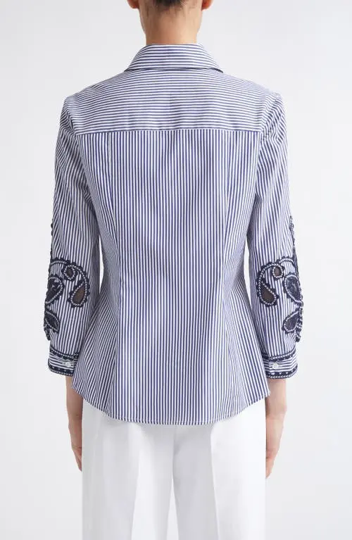 Carolina Herrera Embroidered Stripe Cotton Button-up Shirt