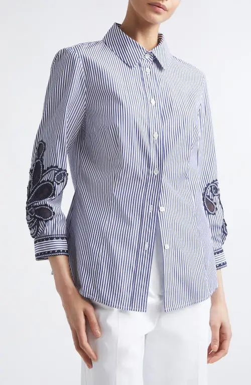 Carolina Herrera Embroidered Stripe Cotton Button-up Shirt