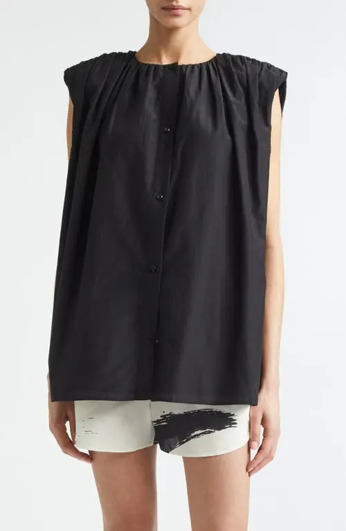 Loulou De Saison Anca Gathered Sleeveless Cotton & Silk Voile Button-up Top - Black