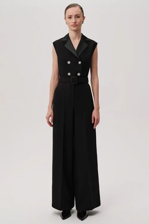 EXQUISE Sleeveless Shirt Collar Jumpsuit - Black