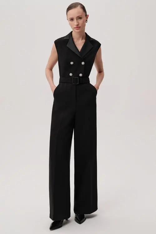 EXQUISE Sleeveless Shirt Collar Jumpsuit