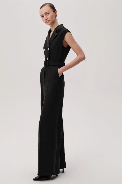 EXQUISE Sleeveless Shirt Collar Jumpsuit