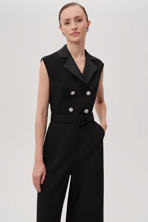 EXQUISE Sleeveless Shirt Collar Jumpsuit