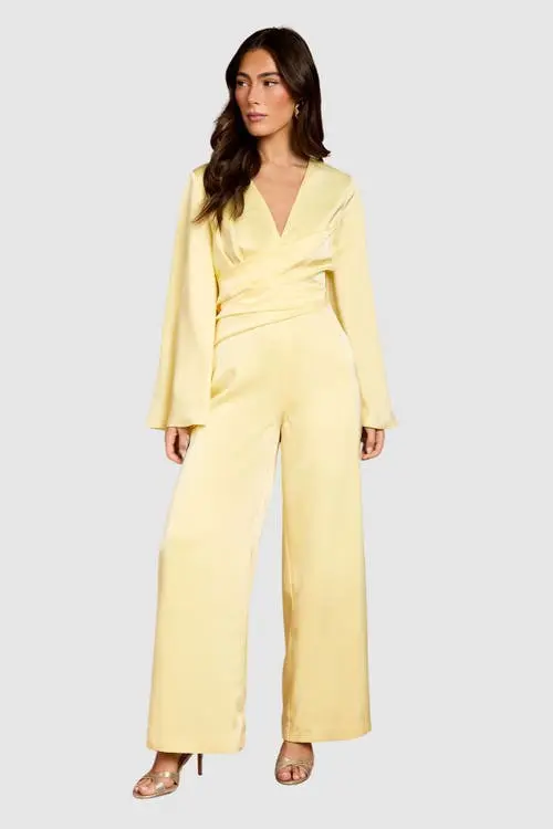 Coast Satin Flare Sleeve Wide Leg Jumpsuit - Lemon